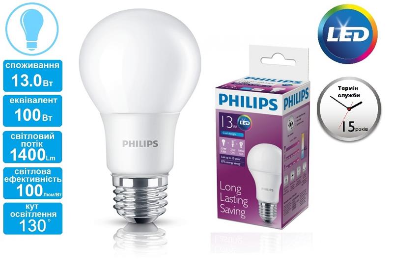 【led】 Лампа светодиодная Philips Ledbulb E27 13 100w 230v 6500k A60 Pf